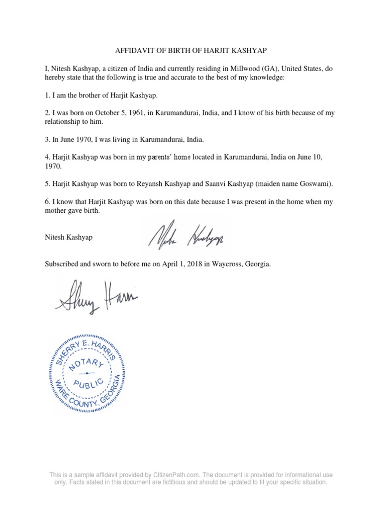 Sample Affidavit of Birth Kashyap | PDF