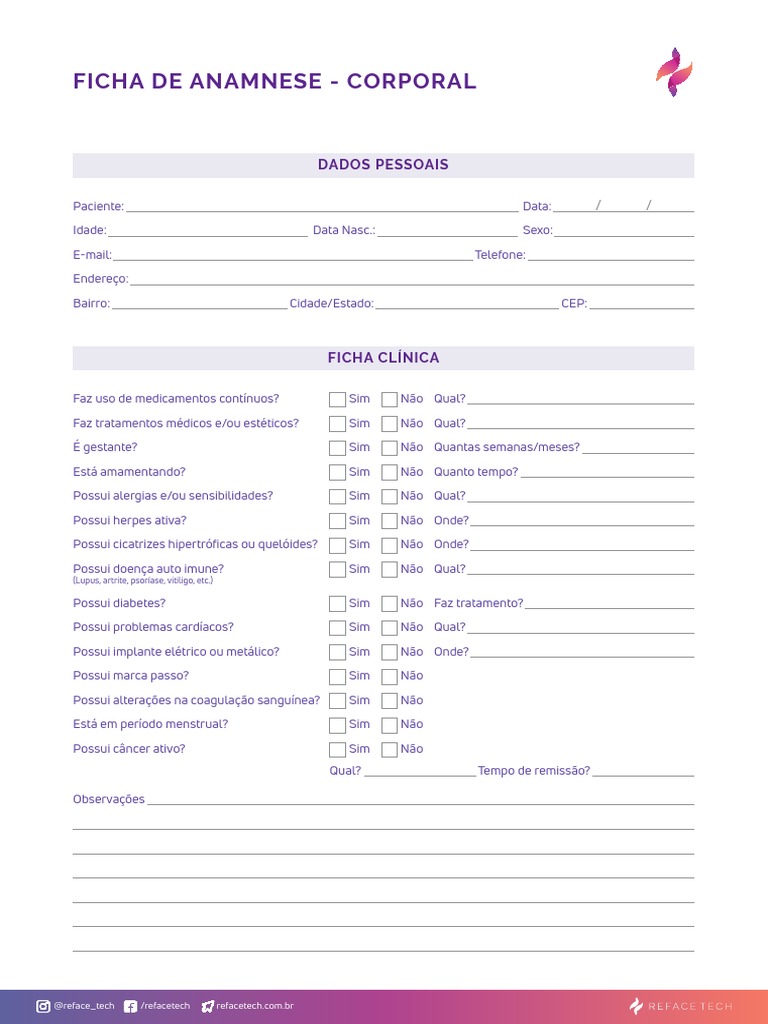 Ficha de Anamnese - Corporal | Download grátis PDF | Gravidez | Especialidades médicas