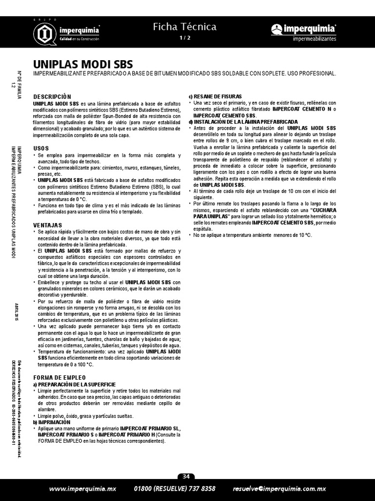 Ficha Técnica Uniplas Modi SBS | PDF | Sector secundario de la economía ...