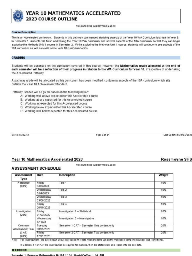 Year 10 Accelerated Program 2023 | PDF | Equations | Quadratic Equation