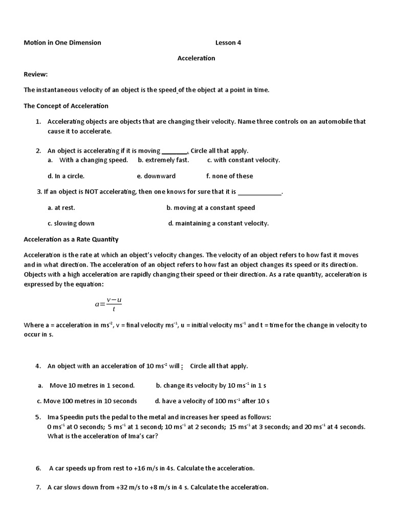 Acceleration Worksheet | PDF | Acceleration | Velocity Acceleration Worksheet | PDF | Acceleration | Velocity