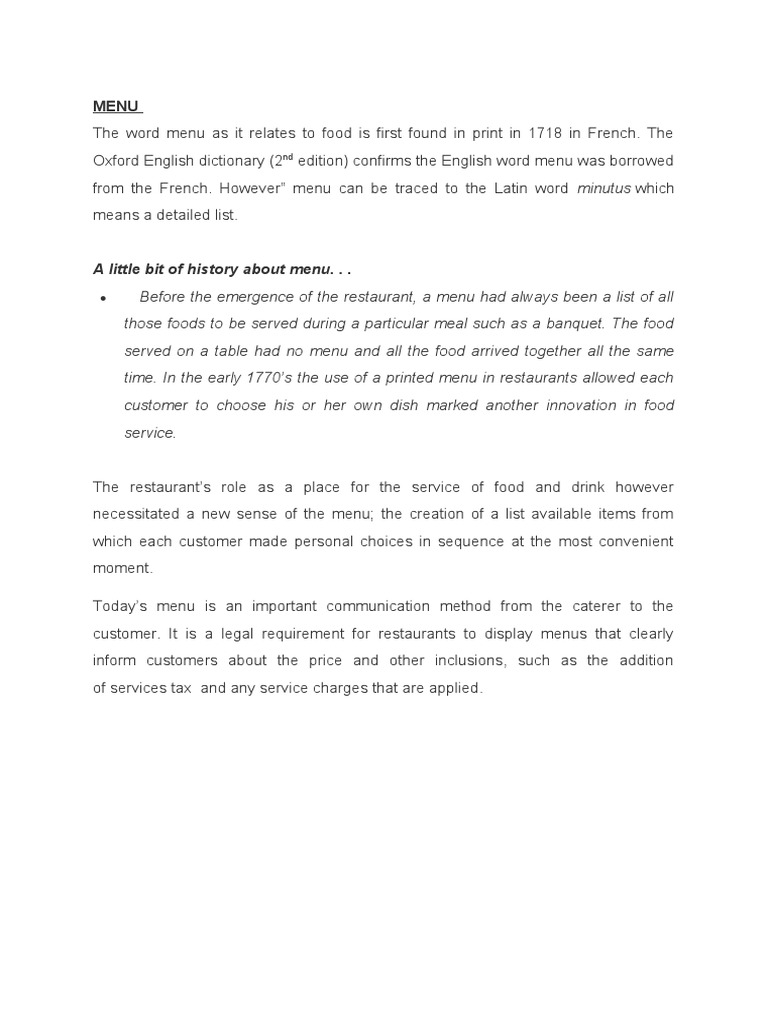 Meanings of Menu | PDF | Menu | Restaurants