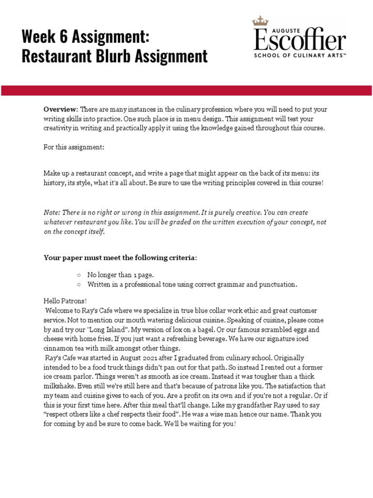 Copy of GE120 WK 6 Restaurant Blurb Assignment | PDF