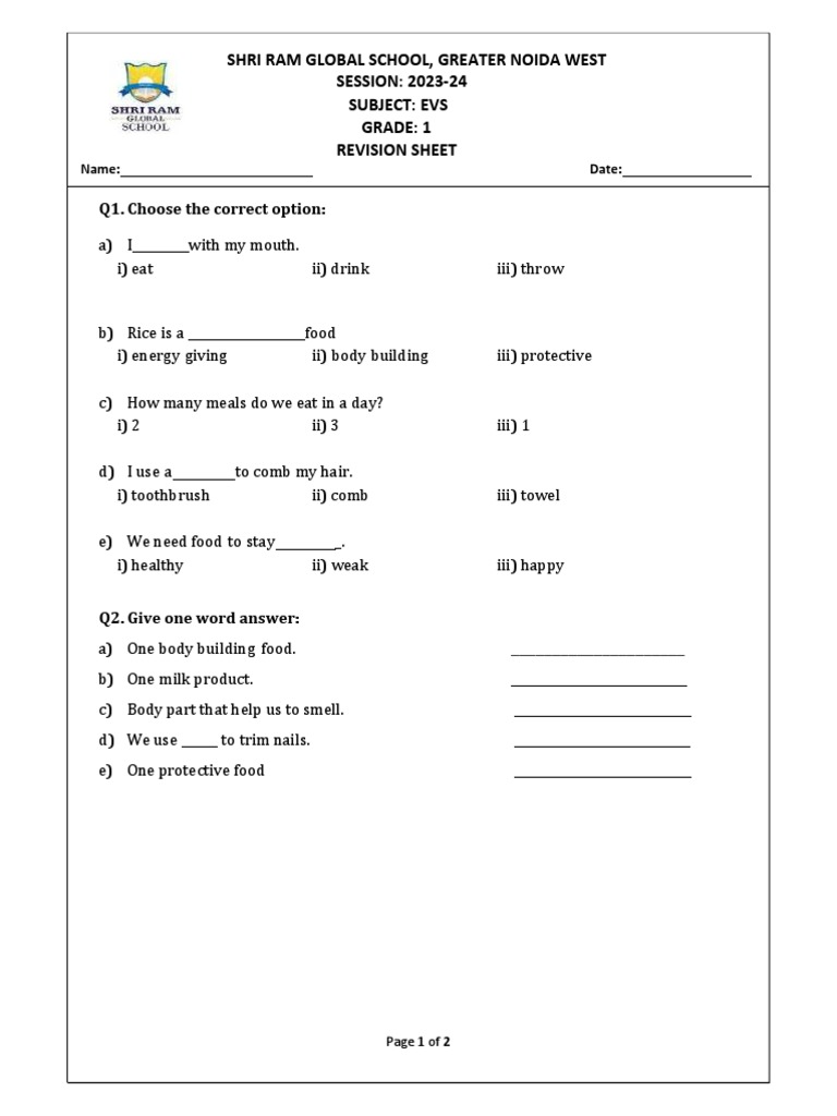 EVS Worksheet Class 1 | PDF | Wellness