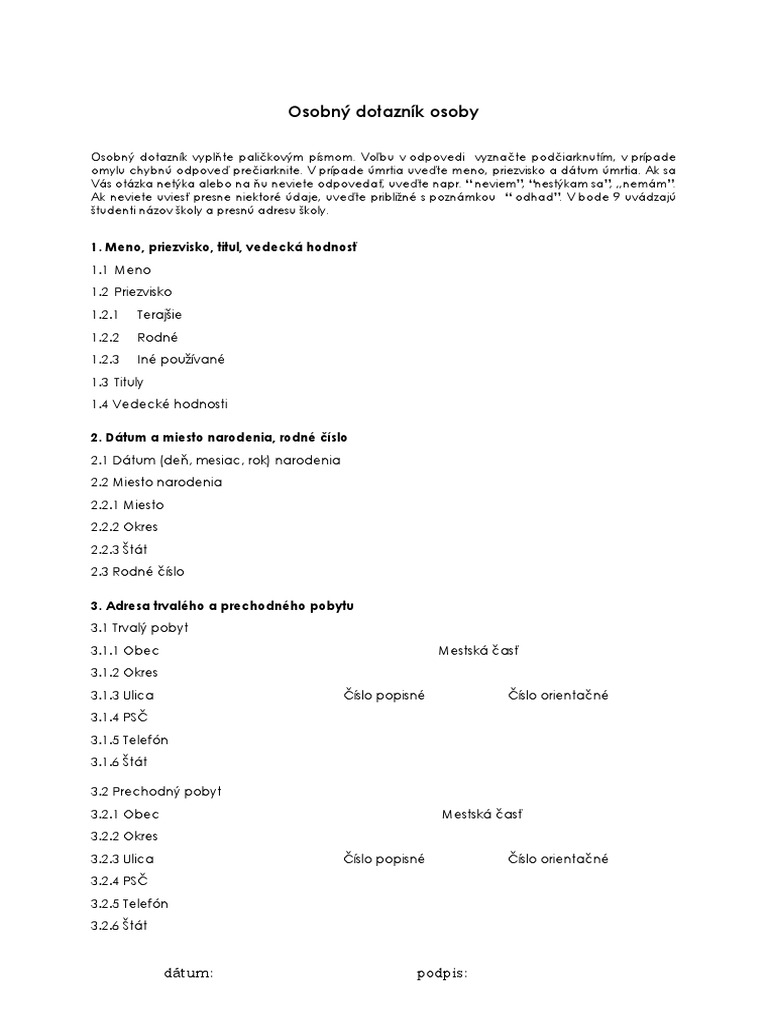 Osobny Dotaznik UPSVR | PDF