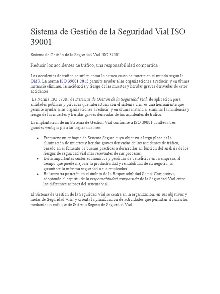 Sistema de Gestión de La Seguridad Vial ISO 39001 | PDF