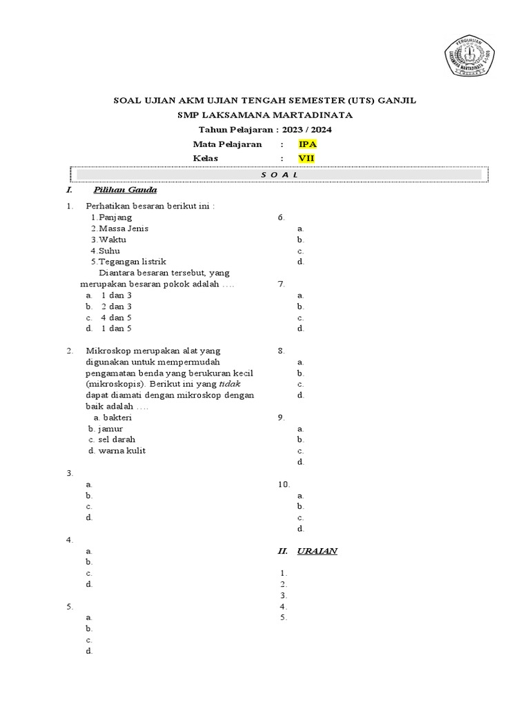 Word Soal Akm Uts Ganjil 2023 2024 | PDF