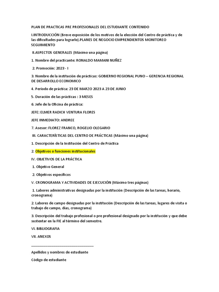 Plan De Practicas Pre Profesionales Del Estudiante Contenido Pdf