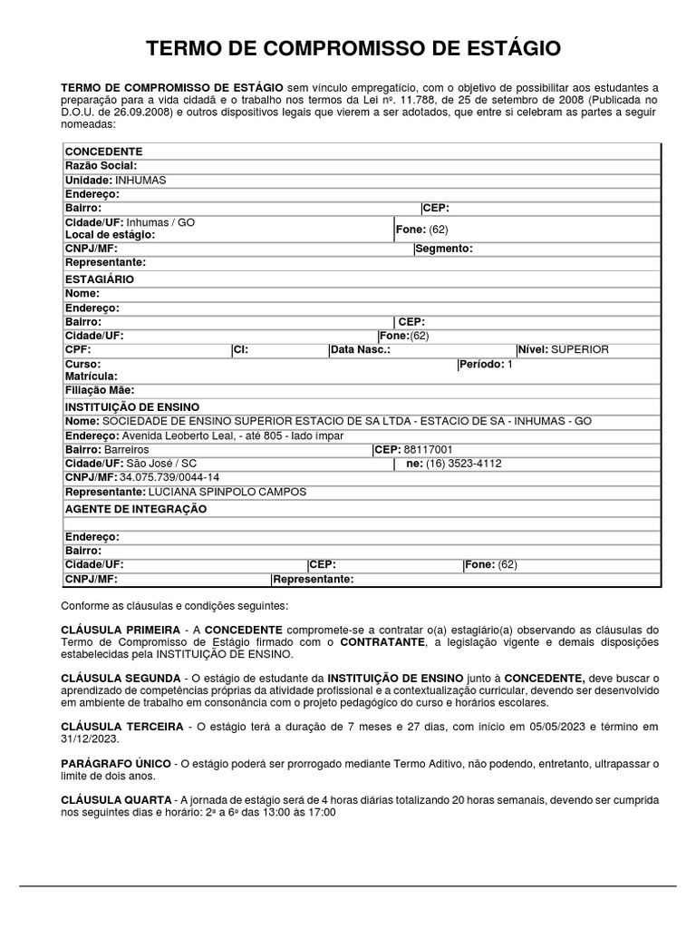 Modelo Contrato Estagio (Tce) | PDF | Estágio | Procura de Emprego