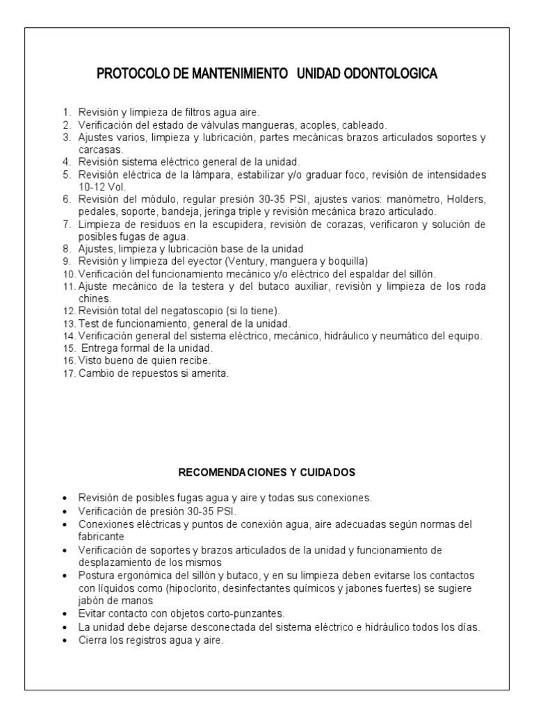 Protocolo de Mantenimiento Unidad Odontologica | PDF