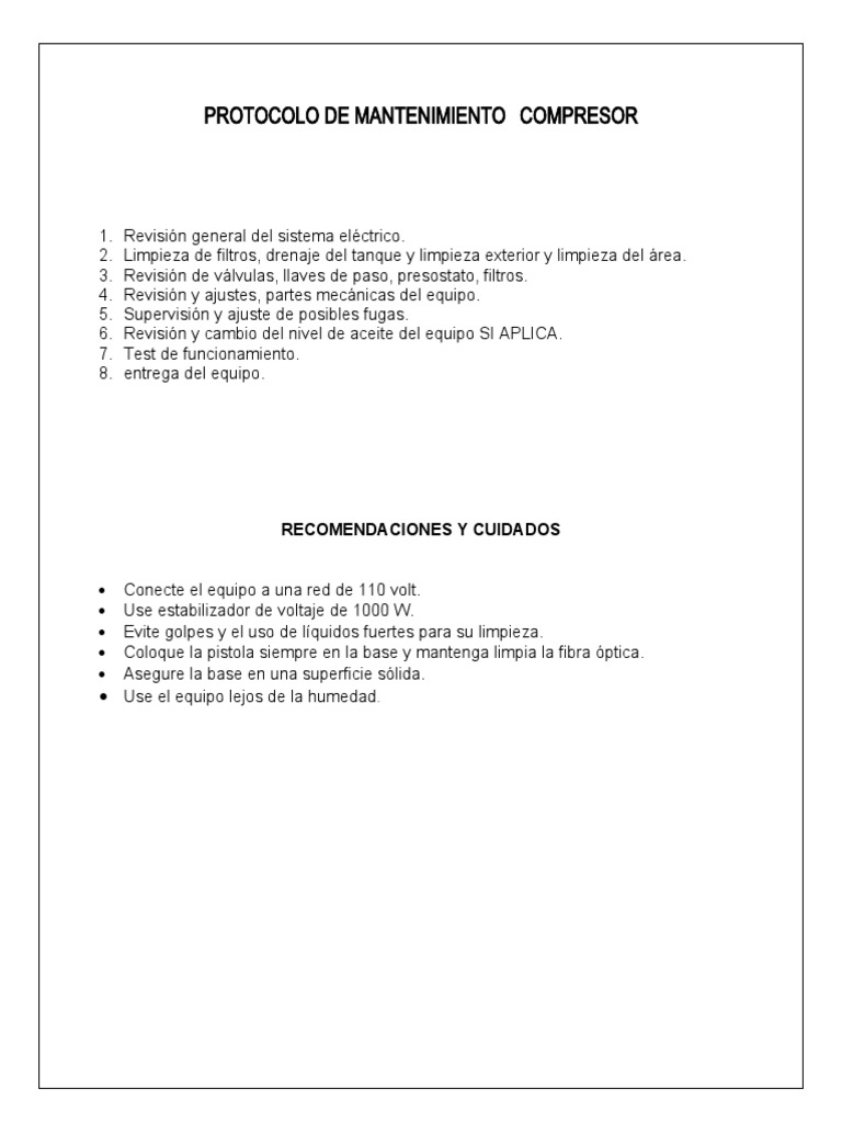 Protocolo de Mantenimiento Compresor | PDF