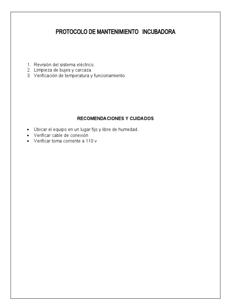 Protocolo de Mantenimiento Incubadora | PDF