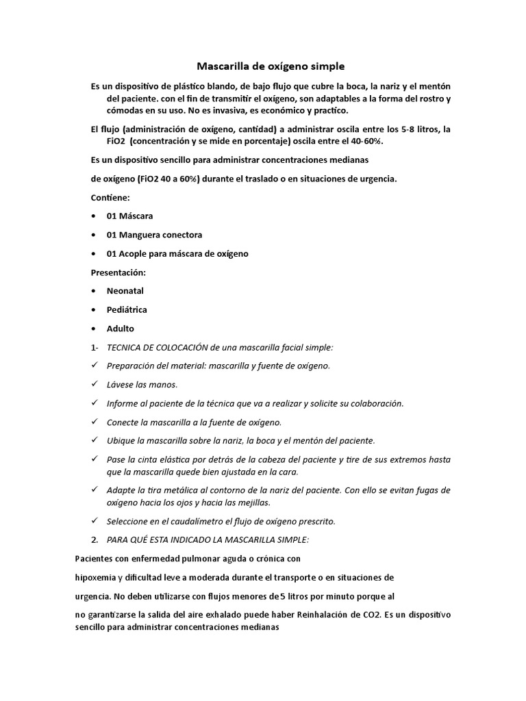 Mascarilla Oxígeno Simple: Uso y Técnica | PDF