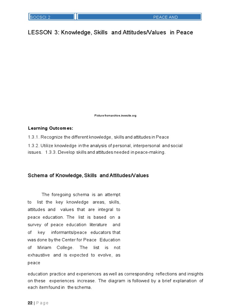 LESSON 3: Knowledge, Skills and Attitudes/Values in Peace | PDF ...