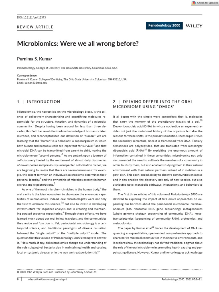 Periodontology 2000 - 2020 - Kumar - Microbiomics Were We All Wrong Before | PDF ...