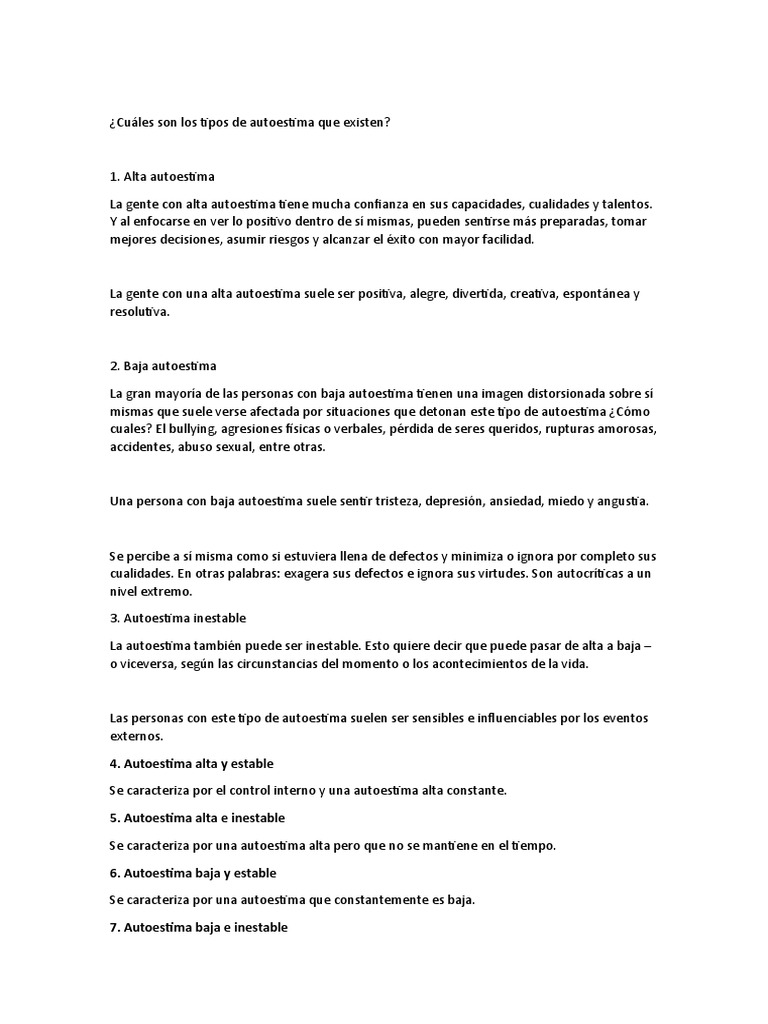 Cuáles Son Los Tipos De Autoestima Que Existen Pdf