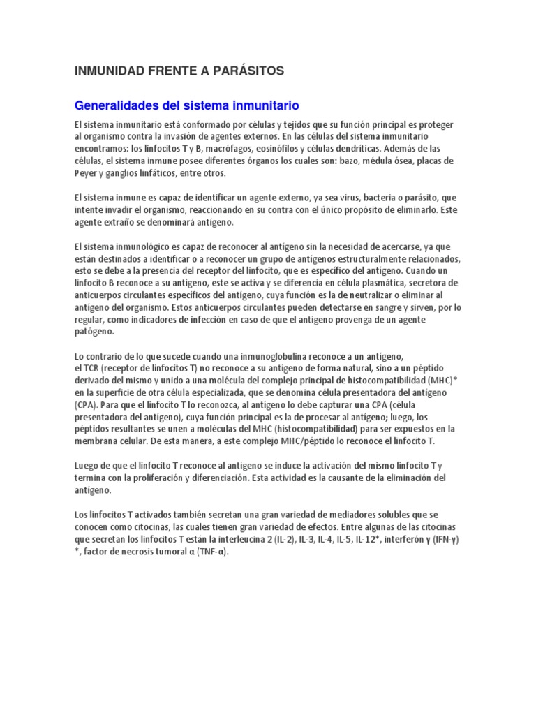 Inmunidad Frente A Parásitos. K.C.R - C.M.C | PDF | Sistema inmune | Antígeno