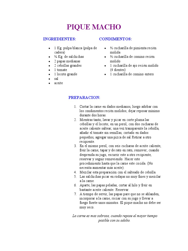 Pique Macho: Receta Tradicional Cochabambina | PDF | Comida y bebida ...