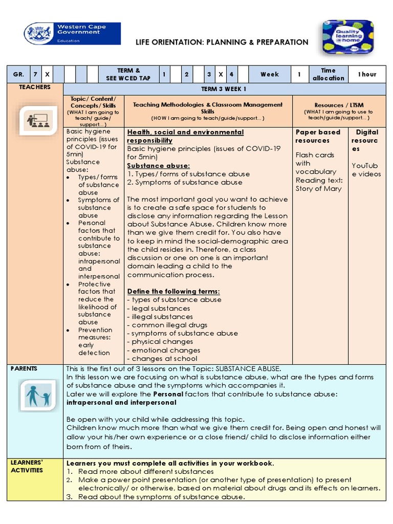 Grade 7 Substance Abuse Lesson Plan | PDF | Substance Abuse | Drugs