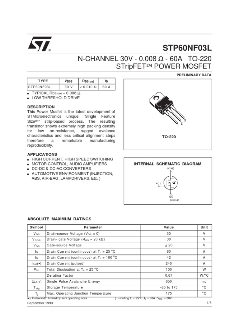 Stp60nf03l - N-channel 30v - 0.008 Ohm - 60a to-220 Stripfet Power Mosfet - Stmicroelectronics ...