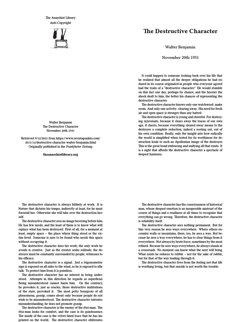 Walter Benjamin - The Destructive Character | PDF | Psychology