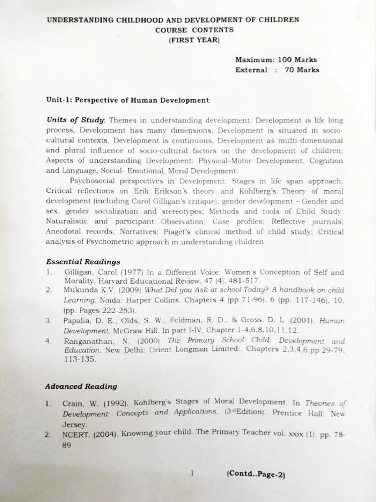 Understanding Childhood and Devt. Syllabus | PDF