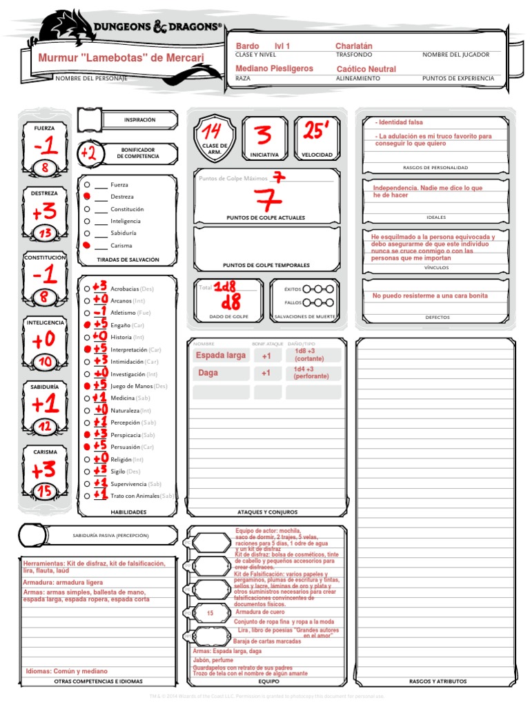 DND 5ta Edicion Hoja de Personaje Espanol1 | PDF
