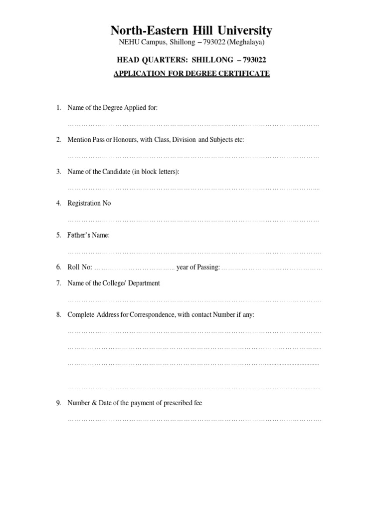 NEHU Degree Certificate Application Form | PDF | Computers