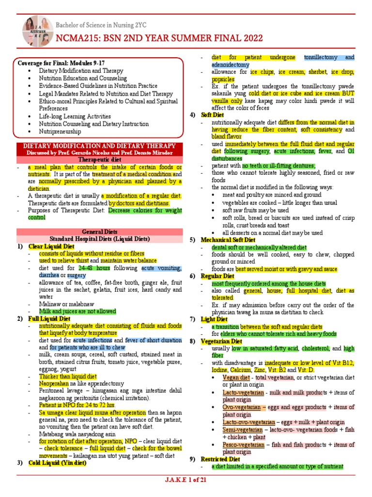 Ncma215 Final | PDF | Dieting | Calorie Restriction
