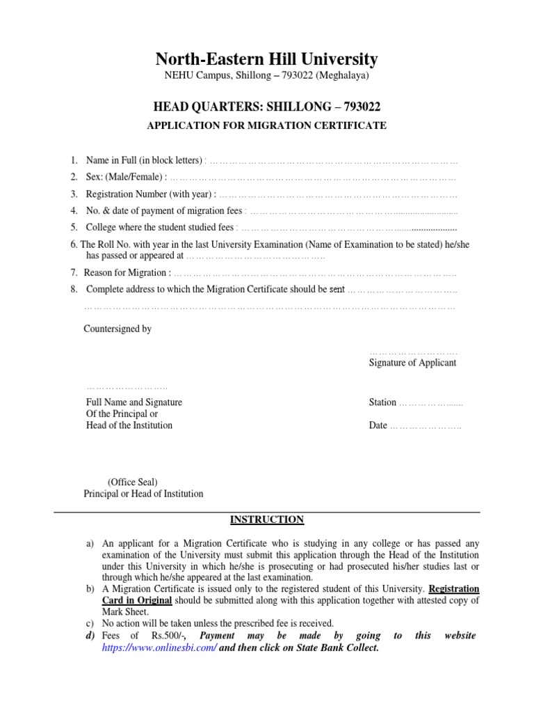 NEHU Migration Certificate Application Form | PDF