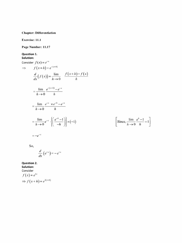 RD Sharma Class 12 Solutions Chapter 11 - Differentiation (Ex 11.1 ...