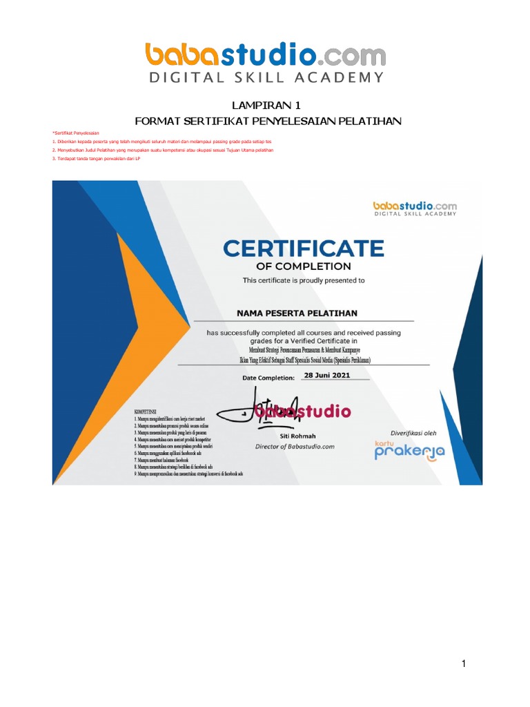 Lampiran 1 Format Sertifikat Penyelesaian Pelatihan | PDF | Karier ...