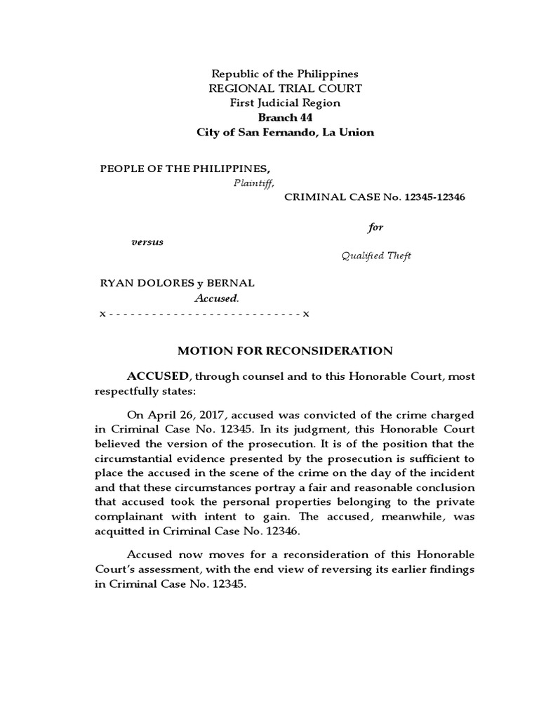 Jarick CASTILLON Activity 4 Drafting A Motion For Reconsideration | PDF | Burden Of Proof (Law ...