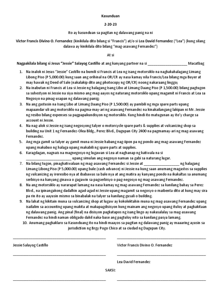 Kasunduan - Unit 1 Vulcanizing Shop at Lugawan | PDF