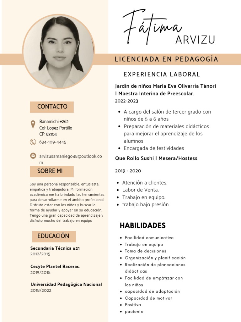 Curriculum CV - FATIMA ARVIZU | Descargar gratis PDF | Educación de la ...