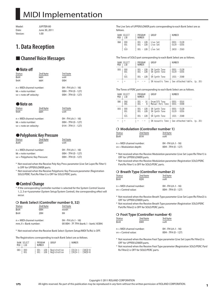 JUPITER-80 MIDI Implementation Guide | PDF | Pitch (Music) | Music Technology