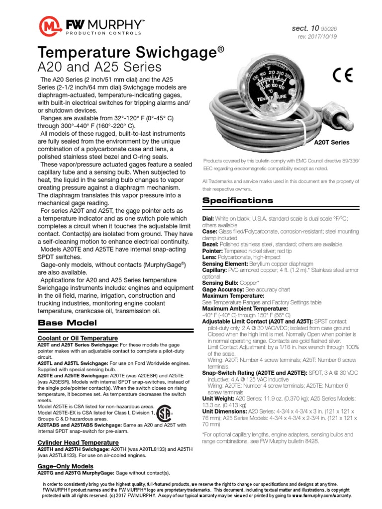 A20 and A25 Series Temperature Swichgage | PDF | Switch | Electrical Wiring