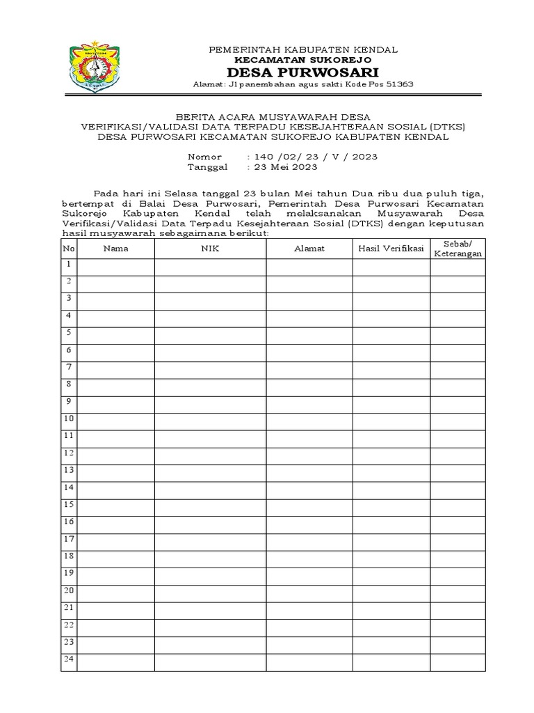 Contoh berita acara Musdes DTKS | PDF