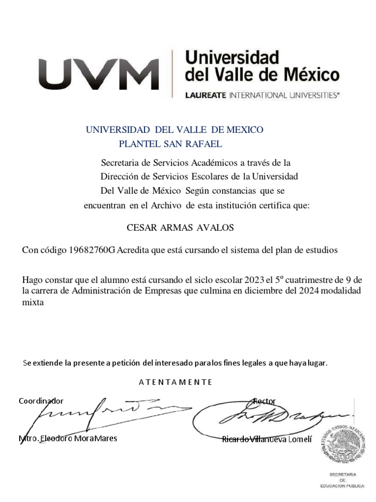 Constancia Uvm. Cesar Armas | PDF