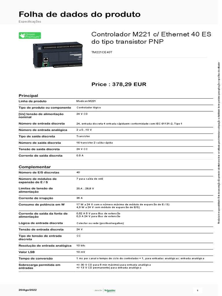 Modicon M221 - TM221CE40T Datasheet | PDF | Bens manufaturados | Eletrônicos