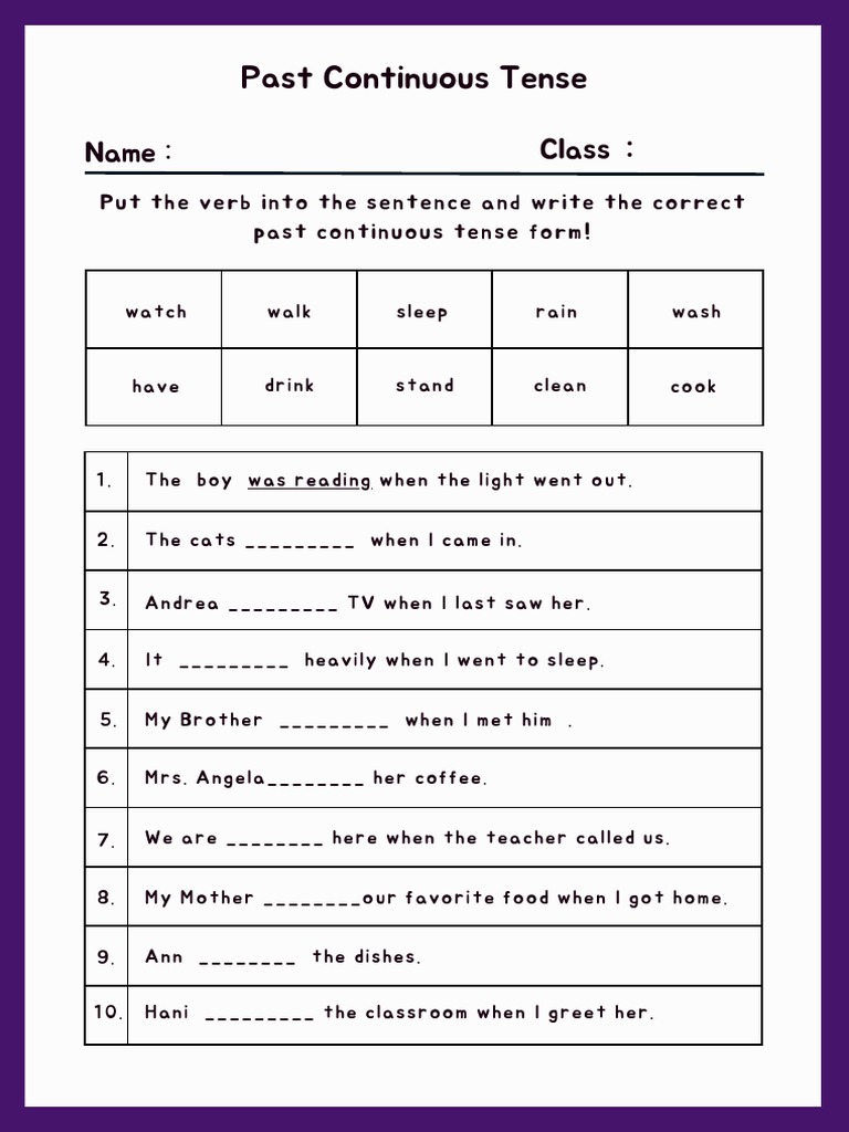 Purple White Simple Past Continuous Tense English Worksheet | PDF