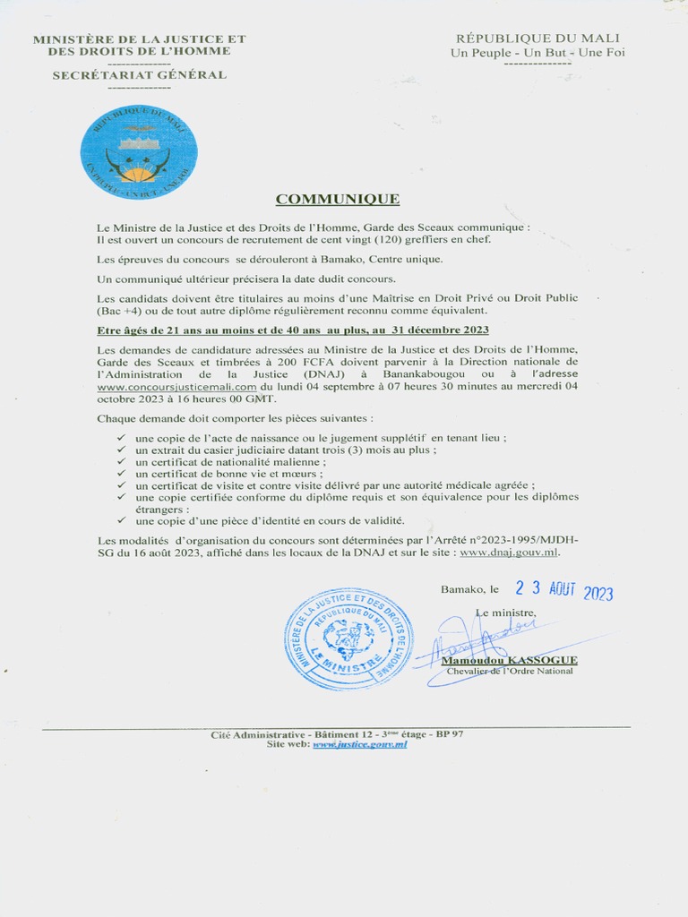 Communique Du Concours Des Greffiers en Chef 2023 | PDF