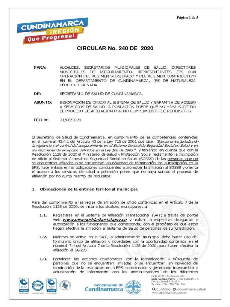 CIRCULAR No. 240 de 2020 SAT ACCESO | Descargar gratis PDF | Cuidado de ...