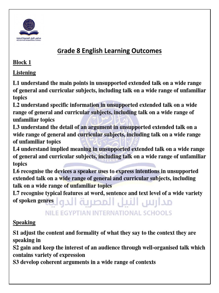 Grade 8 English Learning Outcomes Guide | PDF | Vocabulary | Applied ...