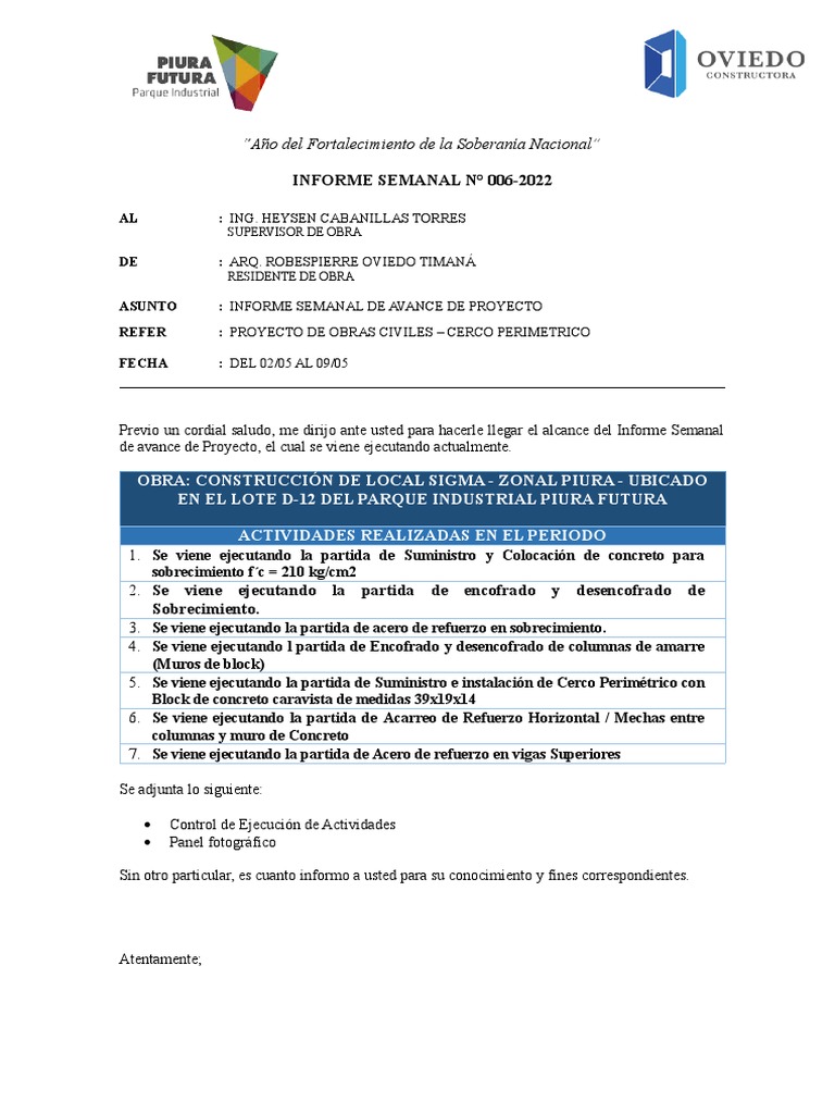 Informe Semanal De Obra 6 Primera Etapa Pdf Elementos