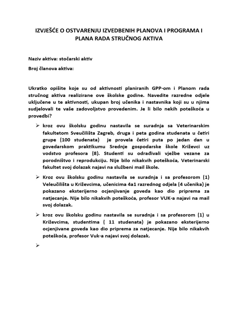 Izvješće o Ostvarenju Izvedbenih Planova i Programa i Plana Rada ...