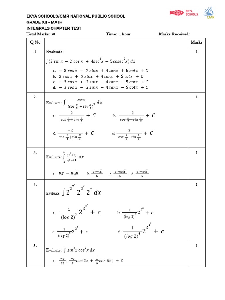 Grade XII - Intergals Chapter Test | PDF | Pi | Mathematical Relations