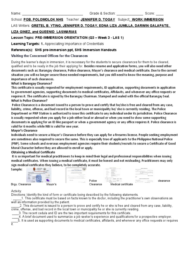 LAS Work Immersion TVL ACP Quarter 3 Week 3 LAS 1 | PDF | Government