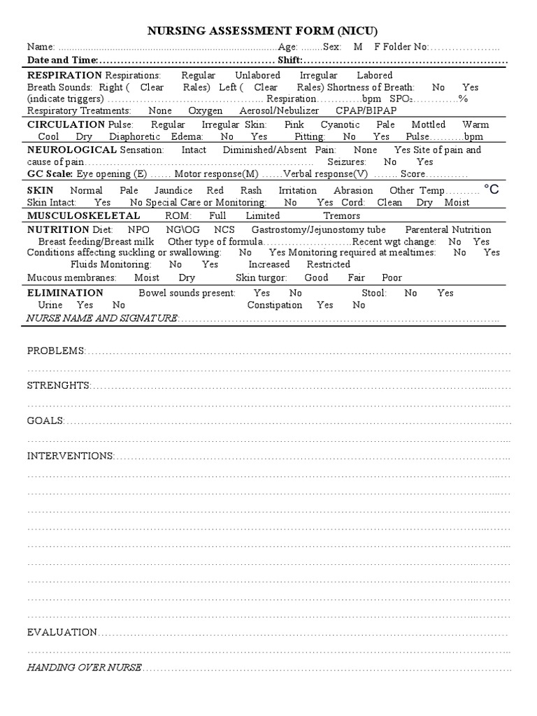 Nursing Assessment Form-1 | PDF | Clinical Medicine | Medical Specialties