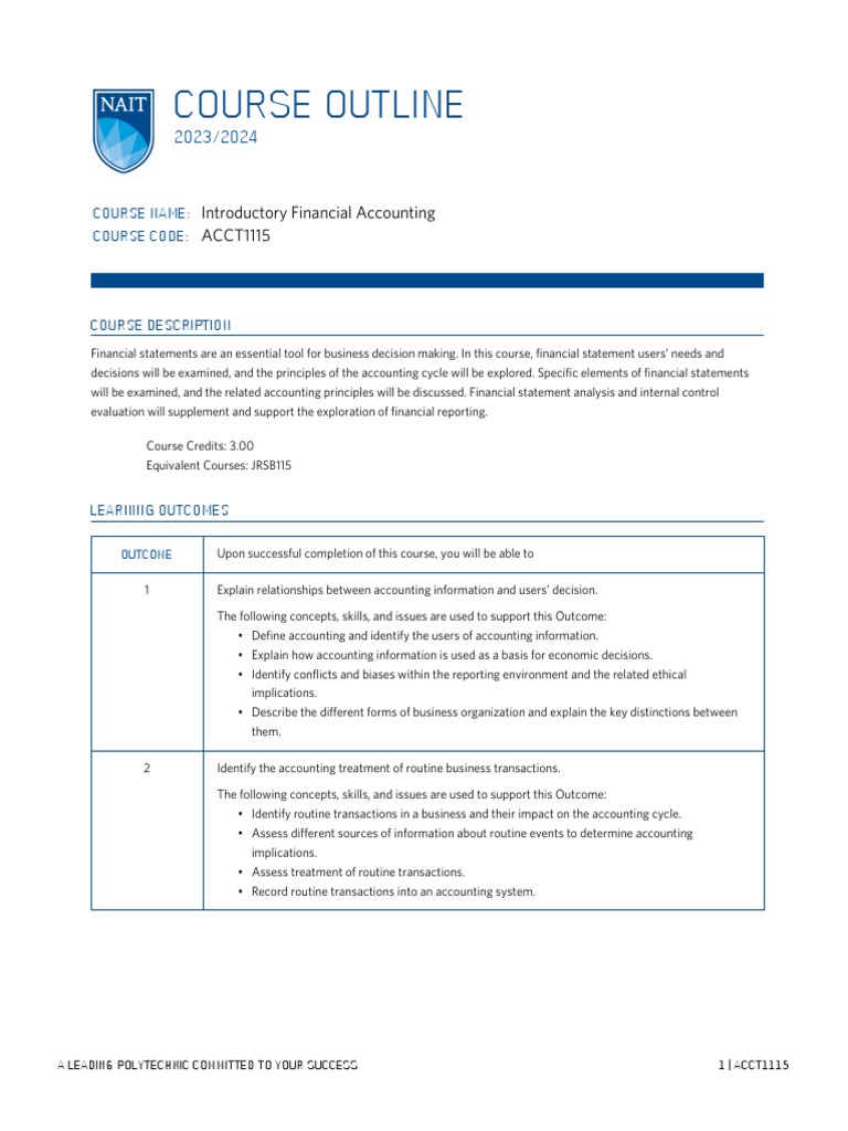Course Outline ACCT1115 - 2023 | PDF | Accounting | Financial Statement